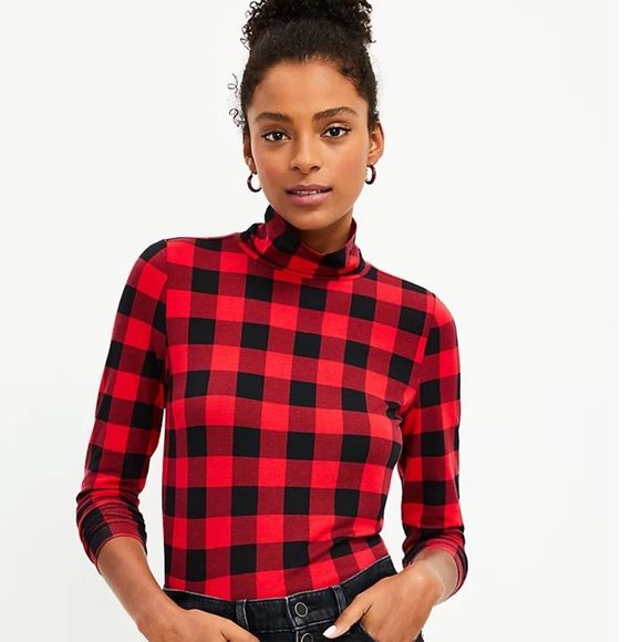 LOFT | Tops | Red Black Buffalo Plaid Turtleneck Top | Poshmark